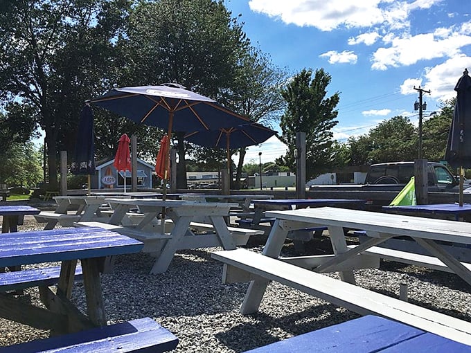 The outdoor dining area&mdash;where picnic tables become front-row seats to summer's greatest performance: eating seafood in the sunshine. 
