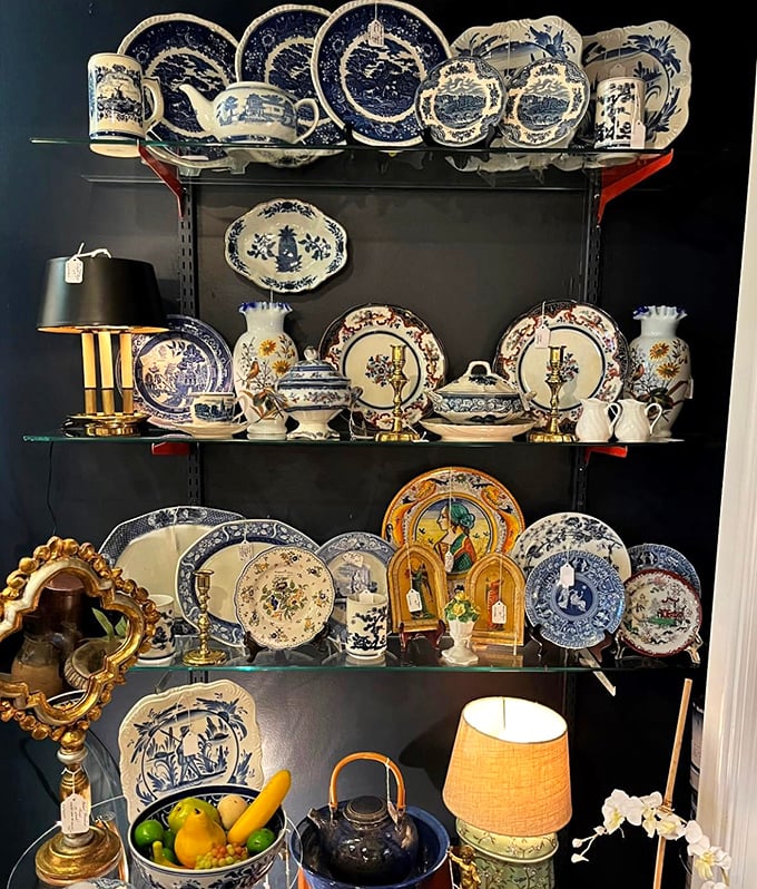 Blue and white china creates a timeless display that would make your grandmother nod in approval while reaching for her best teacup.