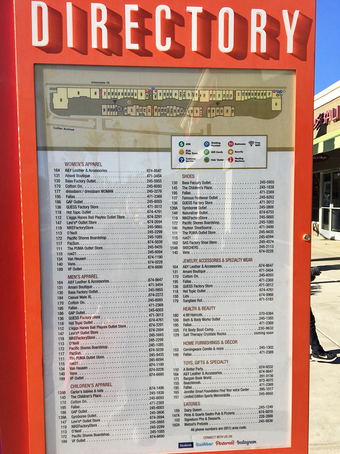 The directory board &ndash; a treasure map for serious bargain hunters who approach outlet shopping with the strategic precision of chess grandmasters.