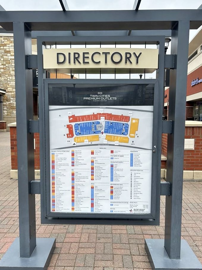 The directory stands as a strategic command center for planning your retail assault. Study it carefully, brave bargain hunter.