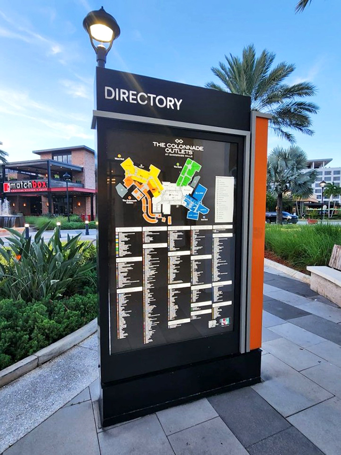 The directory stands like a sacred text for serious shoppers. Study it carefully or risk missing the Promised Land of your favorite discounted brand.