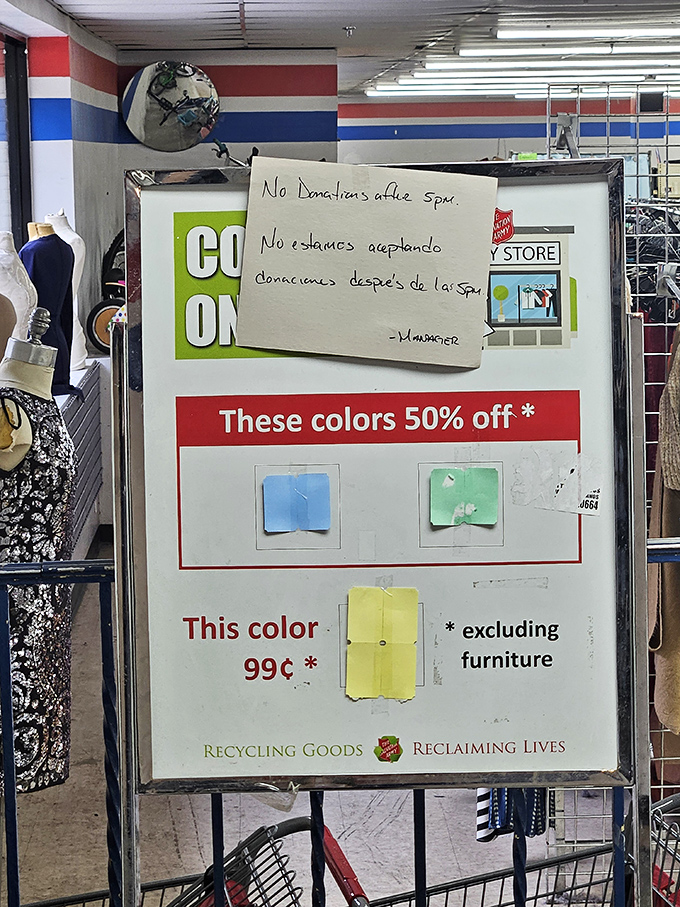 The color-coded discount system: a beautiful reminder that thrift shopping is part treasure hunt, part math problem, and entirely satisfying.