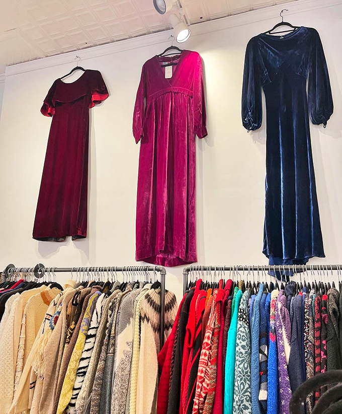 Velvet royalty! These rich jewel-toned dresses hang like medieval banners, ready to transform ordinary evenings into something extraordinary.