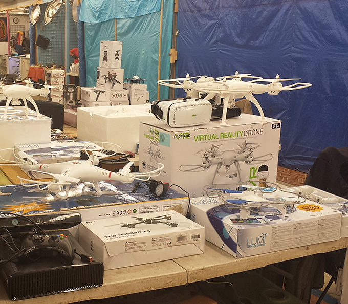 Drone depot where tech dreams take flight. Yesterday's futuristic fantasy is today's affordable reality in this corner of gadget paradise.