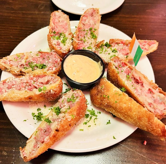 Reuben egg rolls&mdash;the culinary equivalent of Irish-American diplomacy, where corned beef and sauerkraut find themselves happily wrapped in crispy, golden harmony.