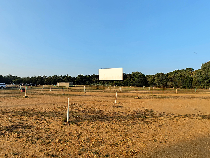 The calm before the cinematic storm. Empty parking spaces await the evening's crowd of movie lovers seeking outdoor entertainment.
