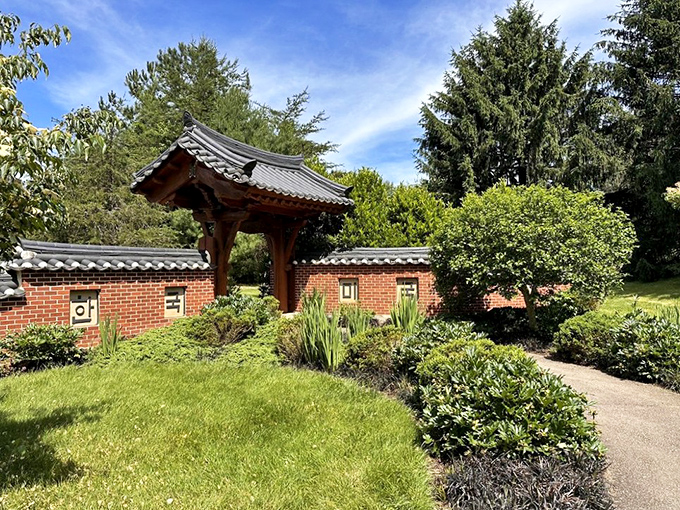 The entrance to the Korean Bell Garden, where traditional architecture meets Virginia landscape in perfect harmony.