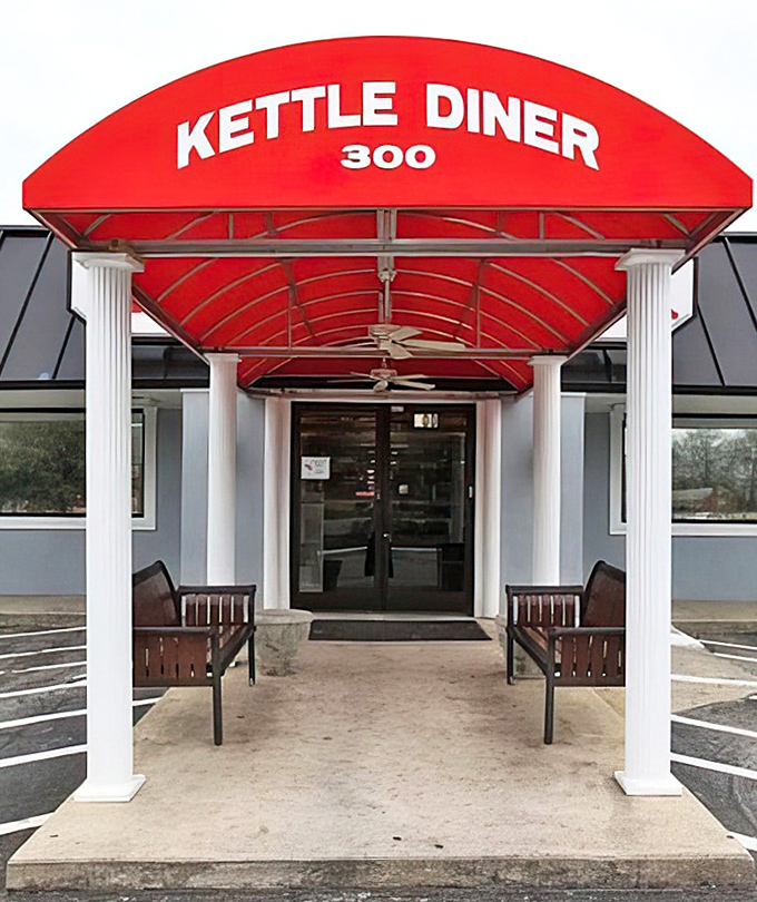 The entrance that promises comfort and satisfaction. That red awning signals you've arrived at a place where calories don't count.