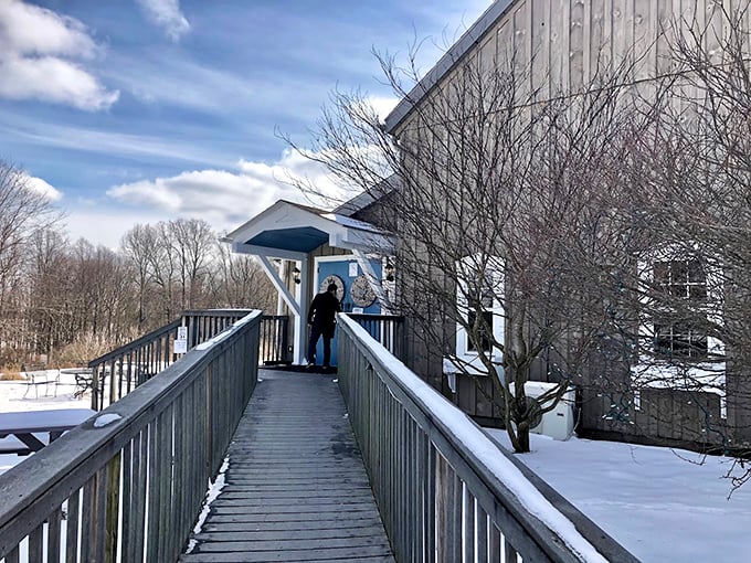 The wooden boardwalk entrance in winter feels like the gateway to Narnia, except instead of a wardrobe, you get wine.