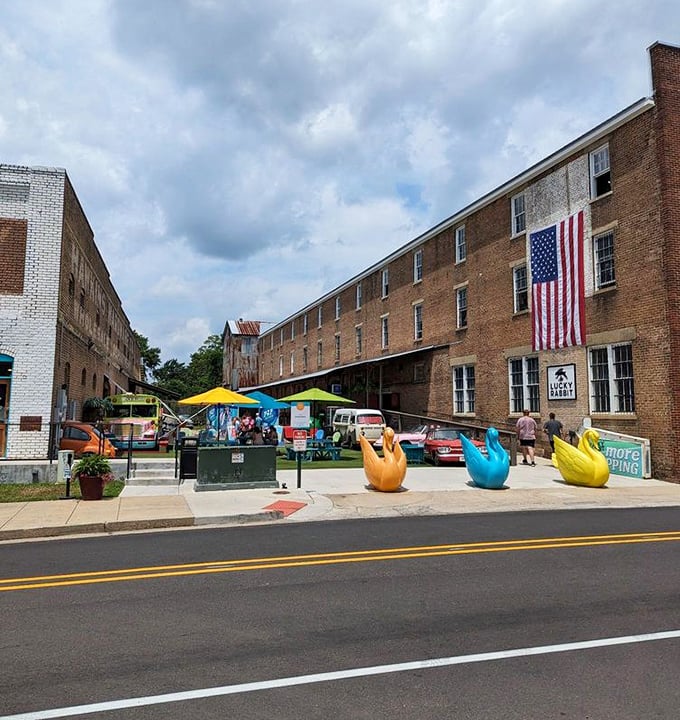 The Lucky Rabbit's neighborhood comes alive during market days, with colorful outdoor displays and the historic buildings creating a festival atmosphere.
