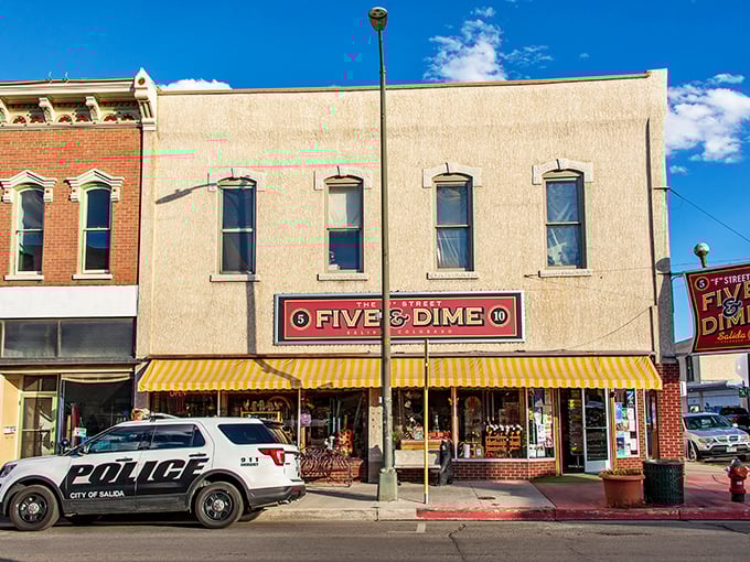 The Five and Dime storefront, where nostalgia meets necessity and window shopping becomes an art form.