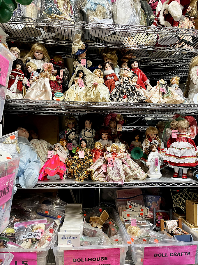 Collectible dolls staring back at you with those knowing eyes, each one somebody's cherished childhood companion once upon a time.