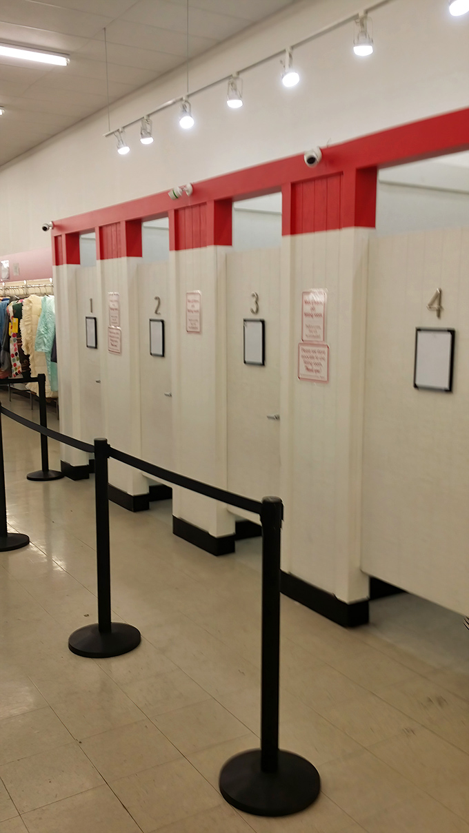 Fitting rooms with actual doors&mdash;a luxury in thrift store world! Try before you buy in relative comfort and privacy.