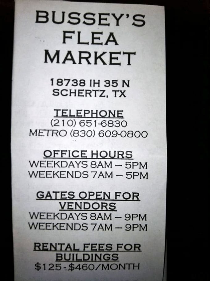 The rulebook for treasure hunting. Office hours, vendor times, and rental fees—the fine print behind the flea market magic.