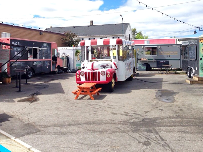 The food truck fleet in all its glory! These mobile kitchens house culinary wizards creating everything from tacos to those heavenly bao buns.