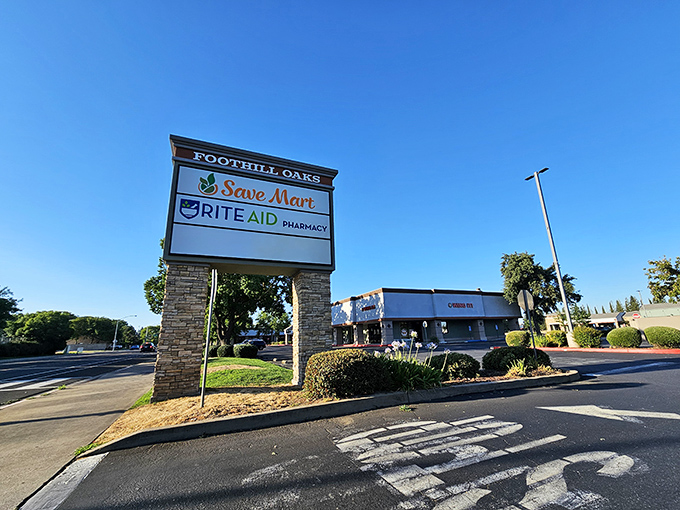Shopping made simple at Foothill Oaks plaza, where the Save Mart and Rite Aid stand ready like old friends waiting to help with your grocery list and prescriptions.