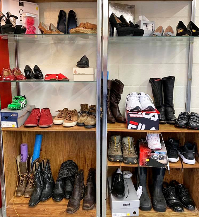 The footwear section: where barely-worn designer boots neighbor well-loved hiking shoes with equal dignity.