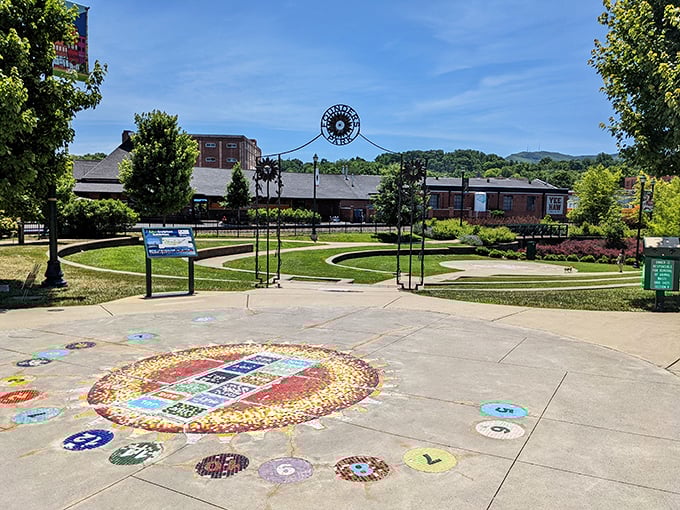 Founders Park's colorful mosaic plaza invites visitors to pause and play, a testament to Johnson City's commitment to vibrant public spaces.
