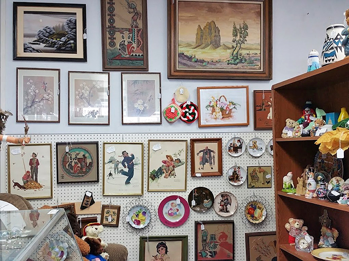 Wall art that ranges from Southwestern landscapes to Norman Rockwell-esque scenes, with a surprising historical artifact tucked among them.