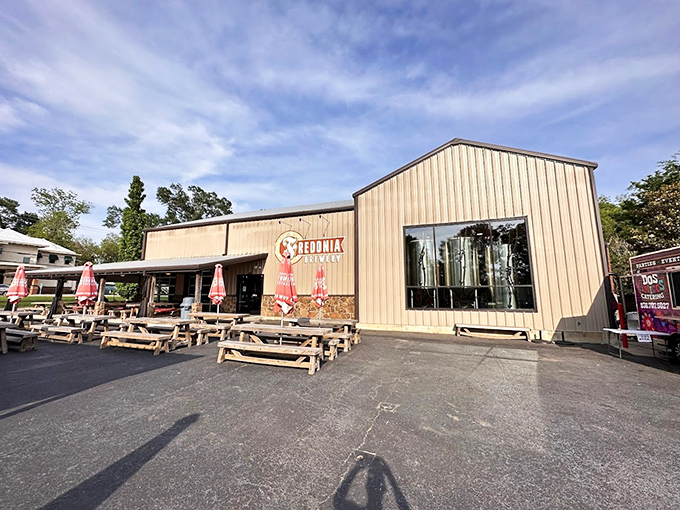 Fredonia Brewery's outdoor seating invites visitors to sample local craft beers while soaking up East Texas sunshine and small-town vibes.