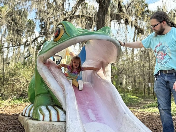 This giant frog slide delights the younger explorers, proving that even state parks know how to throw in a little whimsical fun.