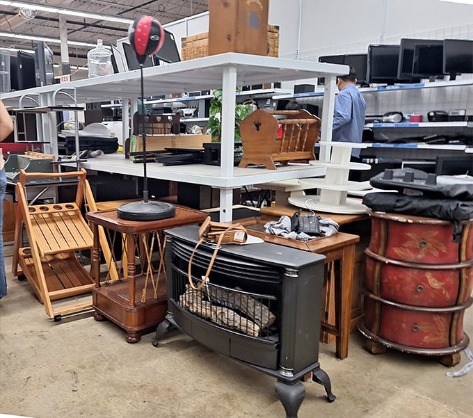 Furniture with character&mdash;that vintage heater and white shelving unit are just waiting to become conversation pieces in your home.