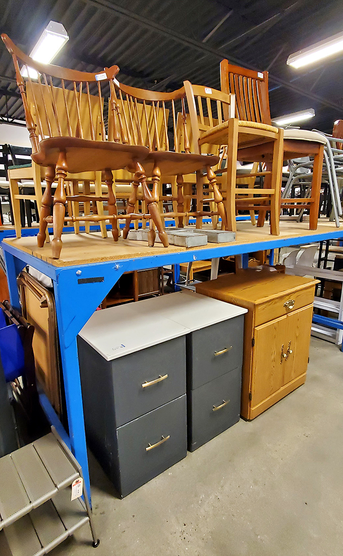Furniture with character&mdash;these wooden chairs and cabinets have stories to tell and are ready for their next chapter in your dining room.