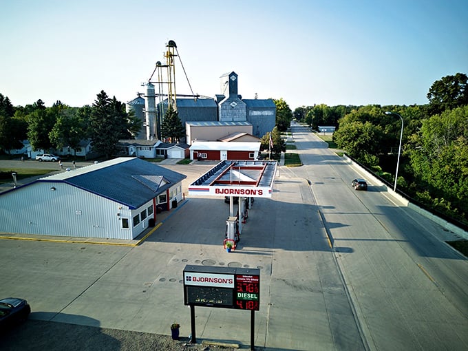 Bjornson's gas station and the grain elevators beyond &ndash; the perfect pairing of what fuels both vehicles and the local economy.