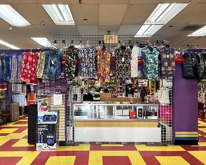 Hawaiian shirts and display cases create a retail mullet: business in the back, party on the racks. Perfect for your next "I'm retired but still fabulous" event.