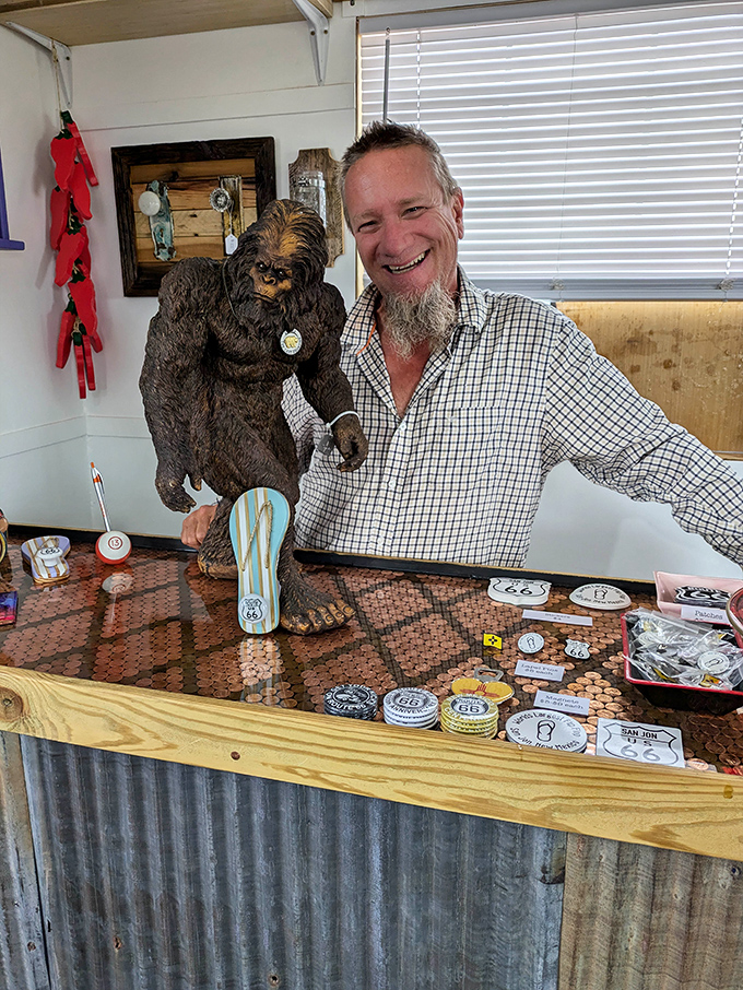 Inside the gift shop, friendly staff and quirky souvenirs await, including a Sasquatch who apparently also appreciates a good flip flop.
