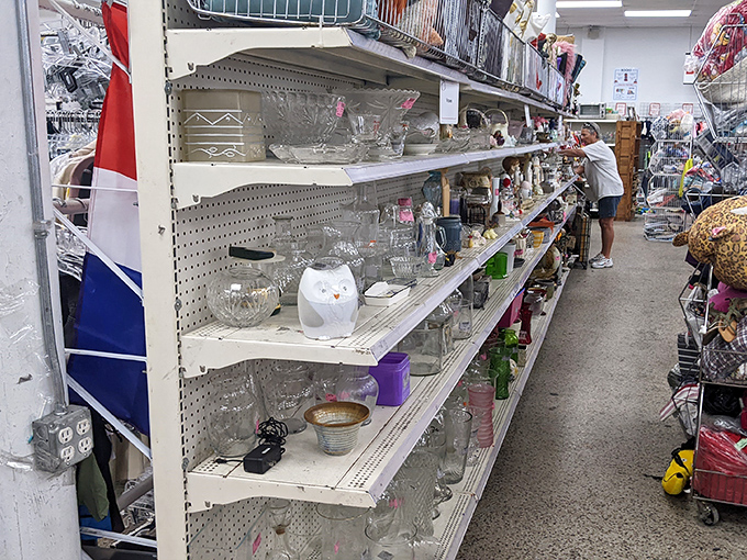 Glassware gleams under fluorescent lights&mdash;from everyday tumblers to forgotten wedding gifts&mdash;all priced to ensure they'll find new kitchen homes.