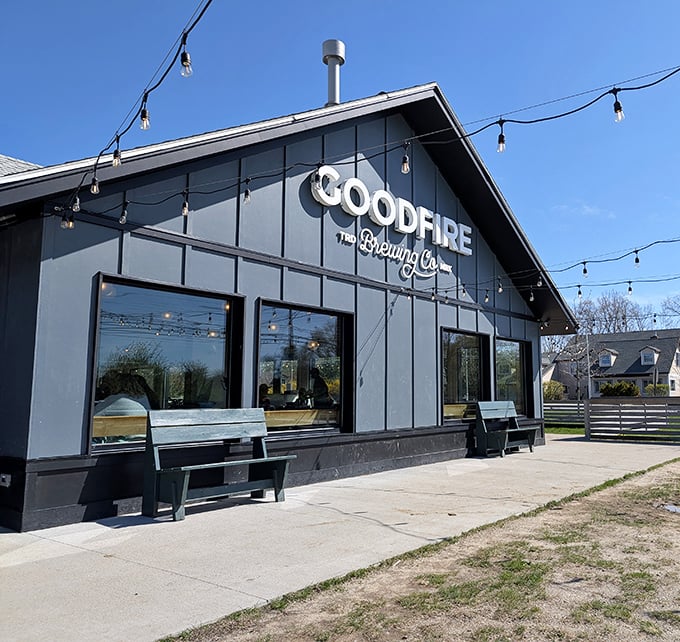 Goodfire Brewing's sleek exterior promises craft beverages that'll help you forget how much you spent at L.L.Bean.