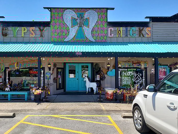 Gypsy Chicks Boutique announces its personality before you even step inside. That turquoise door promises treasures that won't be found in any big-box store.