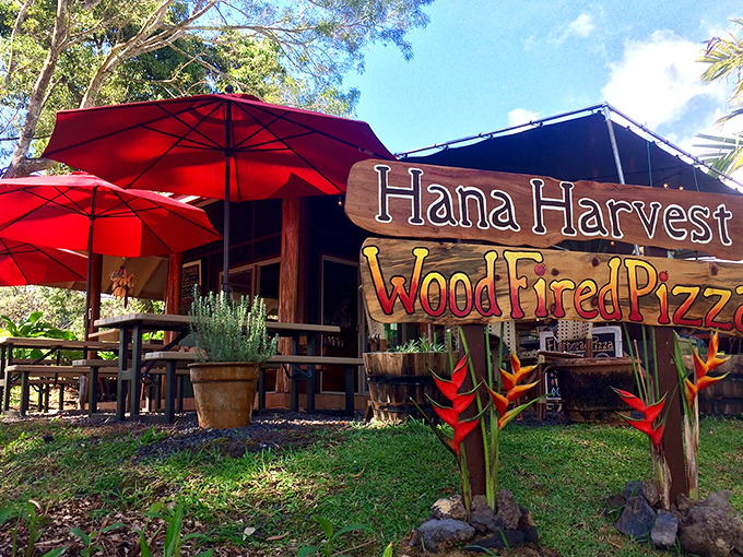 Hana Harvest's wood-fired pizza proves that even paradise needs comfort food&mdash;especially when served under red umbrellas with tropical flowers standing guard.