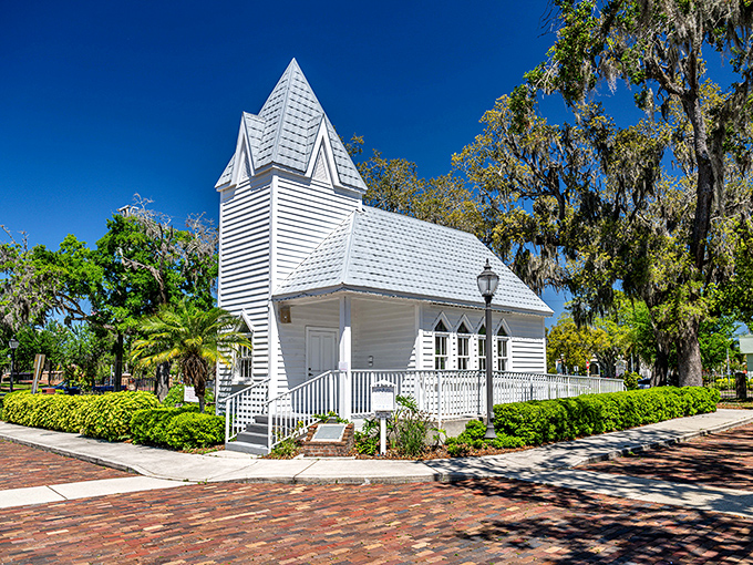 The historic white chapel stands as a reminder of simpler times. When Sunday best meant actual clothes, not just your newest athleisure wear.