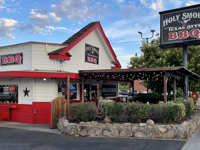 Holy Smoke's outdoor seating lets you enjoy Texas-style BBQ with California mountain views &ndash; best of both worlds.