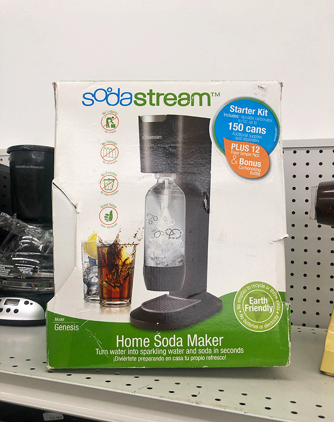 A SodaStream still in its box—someone's impulse purchase becomes your sparkling water solution at bargain prices.