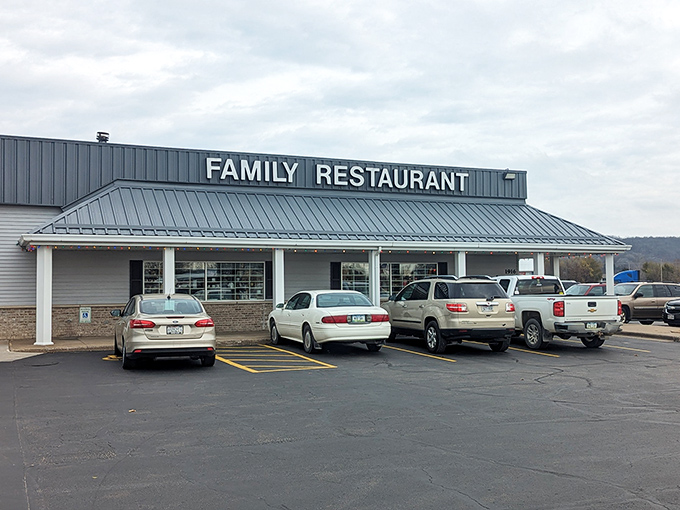 Family Restaurant: where the parking lot is always half-full, the coffee never stops flowing, and everyone debates ordering dessert but eventually does. 