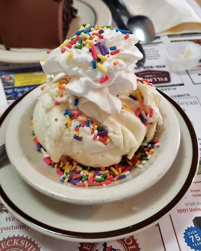Ice cream crowned with whipped cream and rainbow sprinkles &ndash; because some childhood joys never need upgrading.