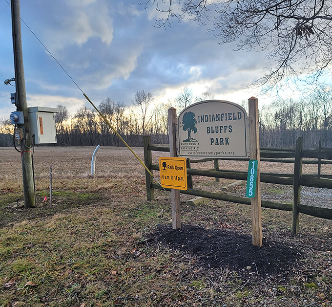 Indianfield Bluffs Park welcomes visitors with the kind of no-frills signage that promises authentic outdoor experiences rather than tourist traps.