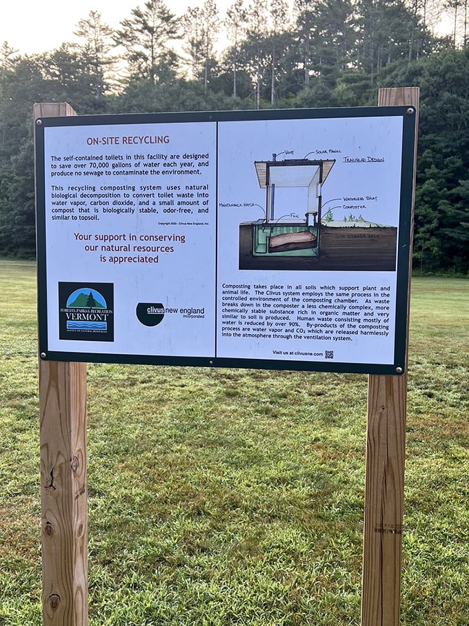 Even the park's eco-friendly facilities reflect Vermont's commitment to sustainability. Who knew a composting toilet diagram could be so educational?