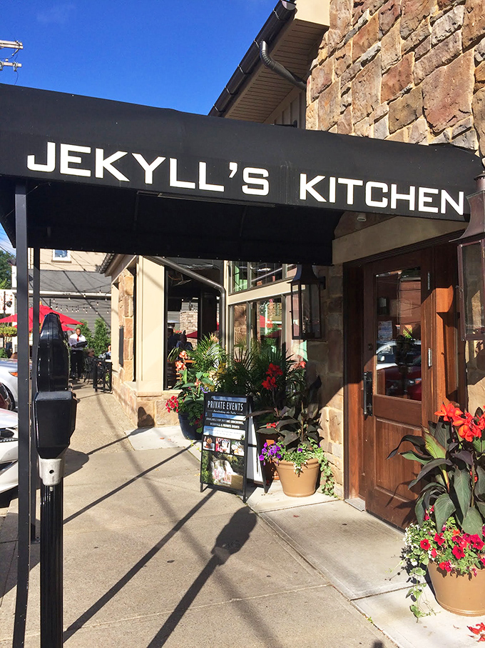 Jekyll's Kitchen welcomes you with potted flowers and a stone facade that says, "Yes, we take our food seriously, but we're not above having fun."