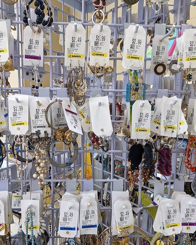 Jewelry displayed like buried treasure, each piece with its own price tag story. Someone's former bling could be your new thing.