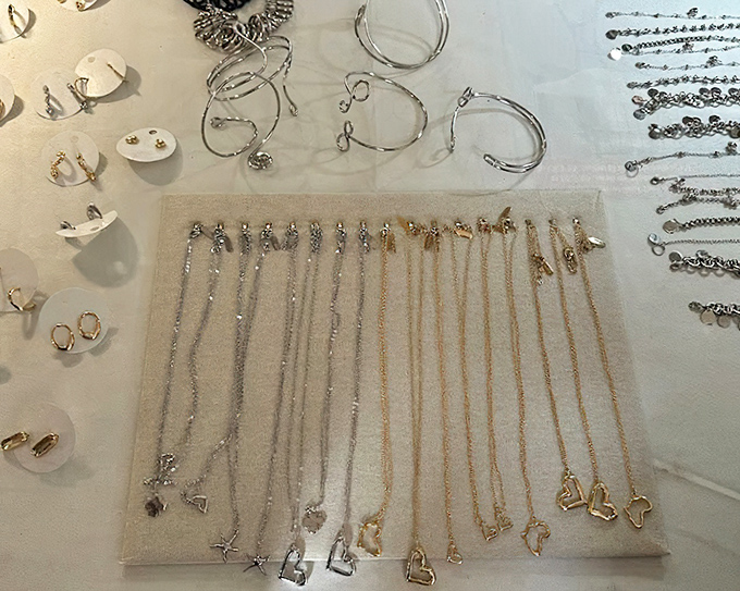 Minimalist jewelry display that proves sometimes less is more. Each piece whispering "take me home" to passing Brooklyn fashionistas.