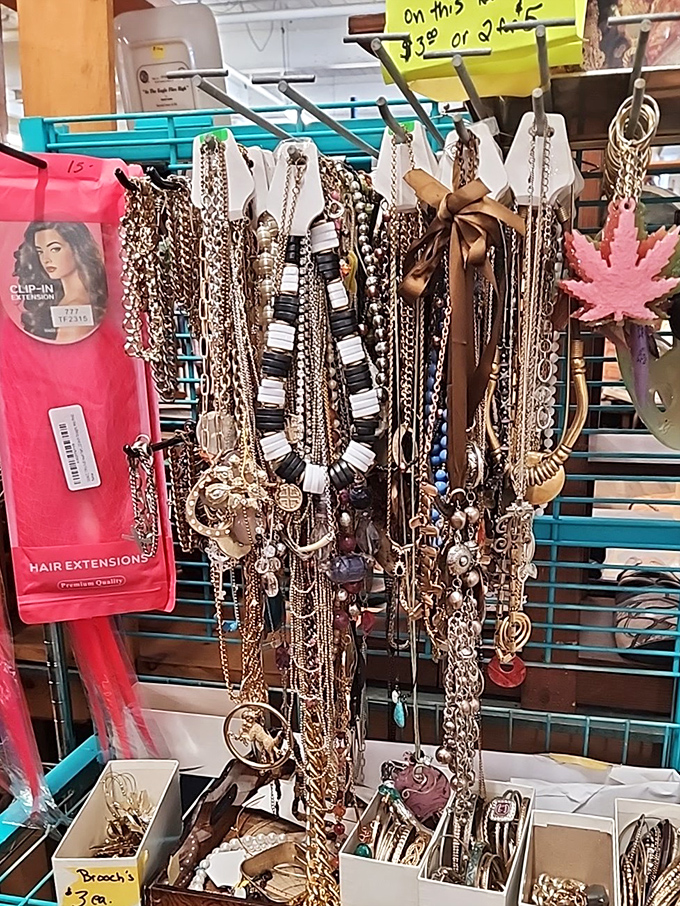Jewelry that's outlived several fashion cycles hangs patiently, knowing that everything old becomes new again. Those chunky necklaces are practically screaming "1980s!"