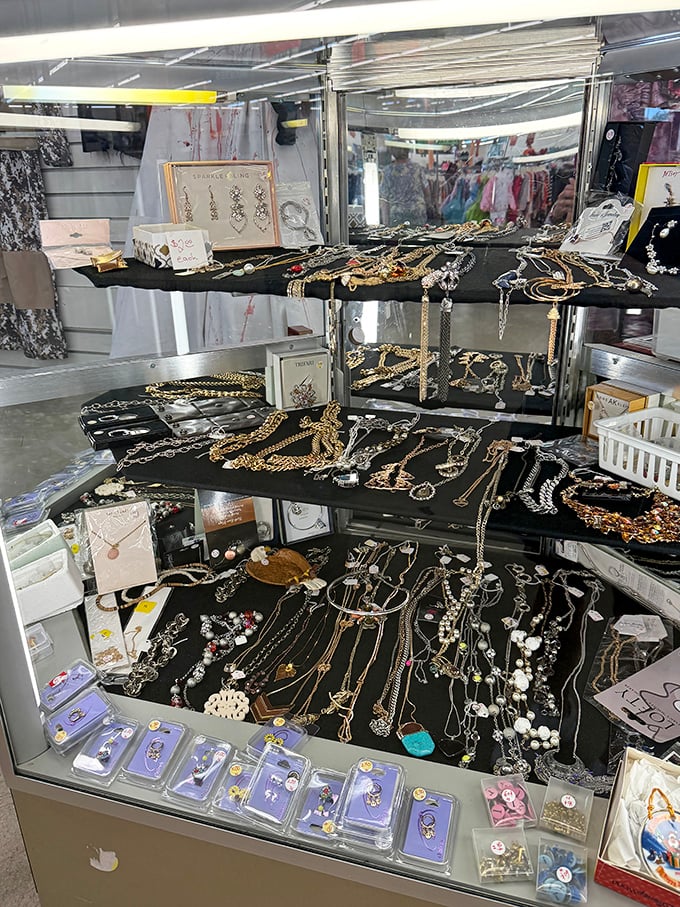 Treasure hunters, rejoice! The jewelry counter sparkles with costume pieces and occasional gems waiting for their Cinderella moment.