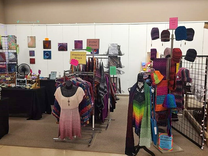 Handcrafted knitwear in rainbow hues brightens even the grayest South Dakota winter day. That gradient shawl is practically wearable sunshine.