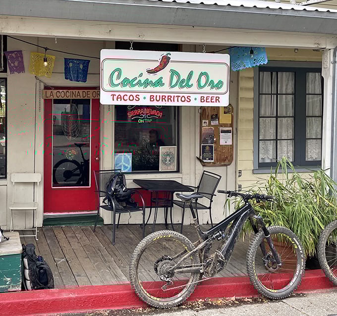 At La Cocina Del Oro, mountain bikes rest as readily as hungry riders, proving that tacos and trails make the perfect Downieville pairing.