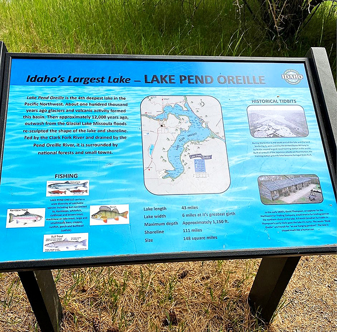 This sign reveals Lake Pend Oreille's impressive stats &ndash; 1,150 feet deep and 43 miles long &ndash; dimensions that would make any fish feel small.