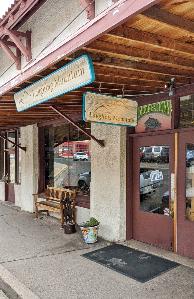 Laughing Mountain's storefront proves that Jerome takes its whimsy seriously, inviting exploration with rustic mountain charm and personality.